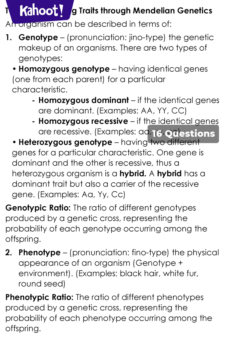 Topic 4: Predicting Traits through Mendelian Genetics - Kahoot! Quiz