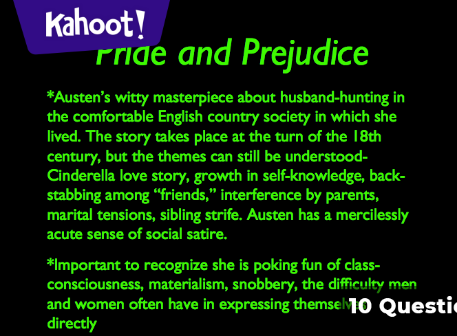 Pride and Prejudice novel study ch 1-3 - Kahoot! Quiz