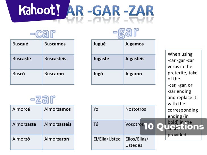 Preterite: --car, --gar, --zar - Kahoot! Quiz