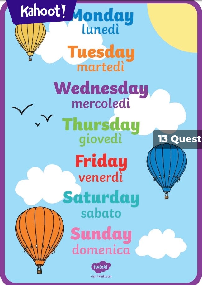 I giorni della settimana - the days of the week - Kahoot! Quiz