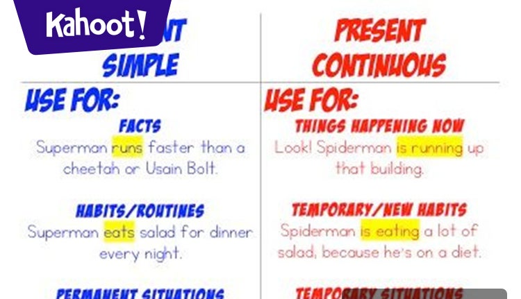 Present simple vs present continuous - usage - Kahoot! Quiz