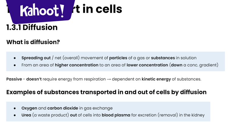Diffusion - AQA GCSE Biology - Kahoot! Quiz