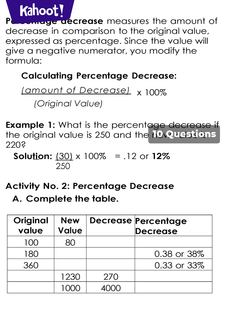 Percentage Increase and Percentage Decrease - Kahoot! Quiz
