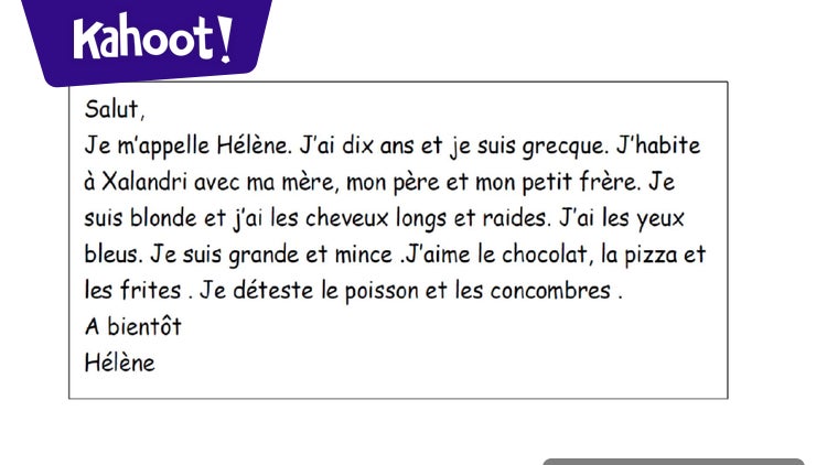Compréhension écrite: se présenter: Niveau A1 - Kahoot! Quiz