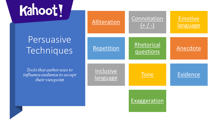 10 common persuasive techniques & intended effects - Kahoot! Quiz