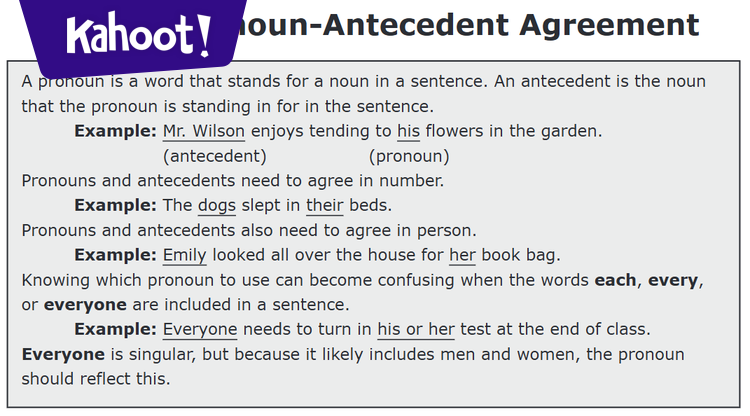 5-2 Ensure Pronoun-Antecedent Agreement - Kahoot! Quiz