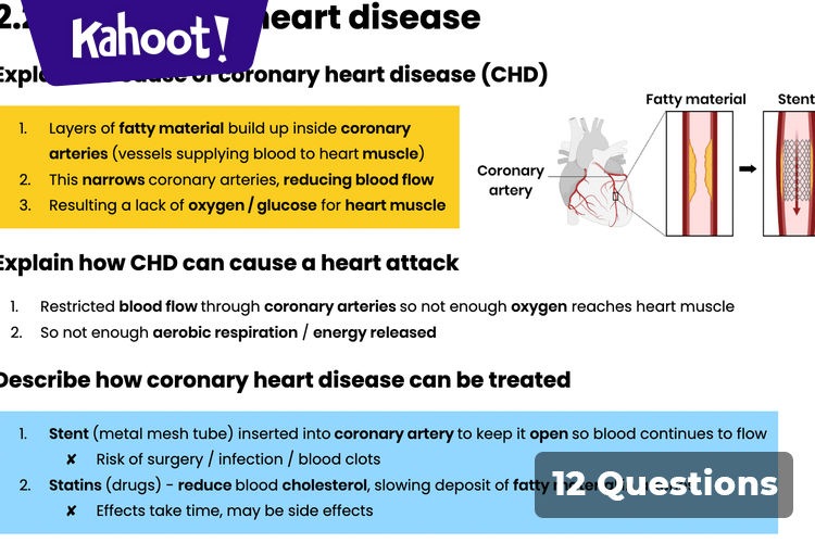 Coronary heart disease - AQA GCSE Biology - Kahoot! Quiz