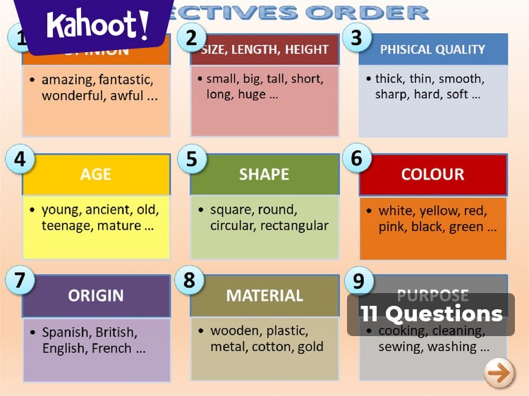 Adjective Word Order - Kahoot! Quiz